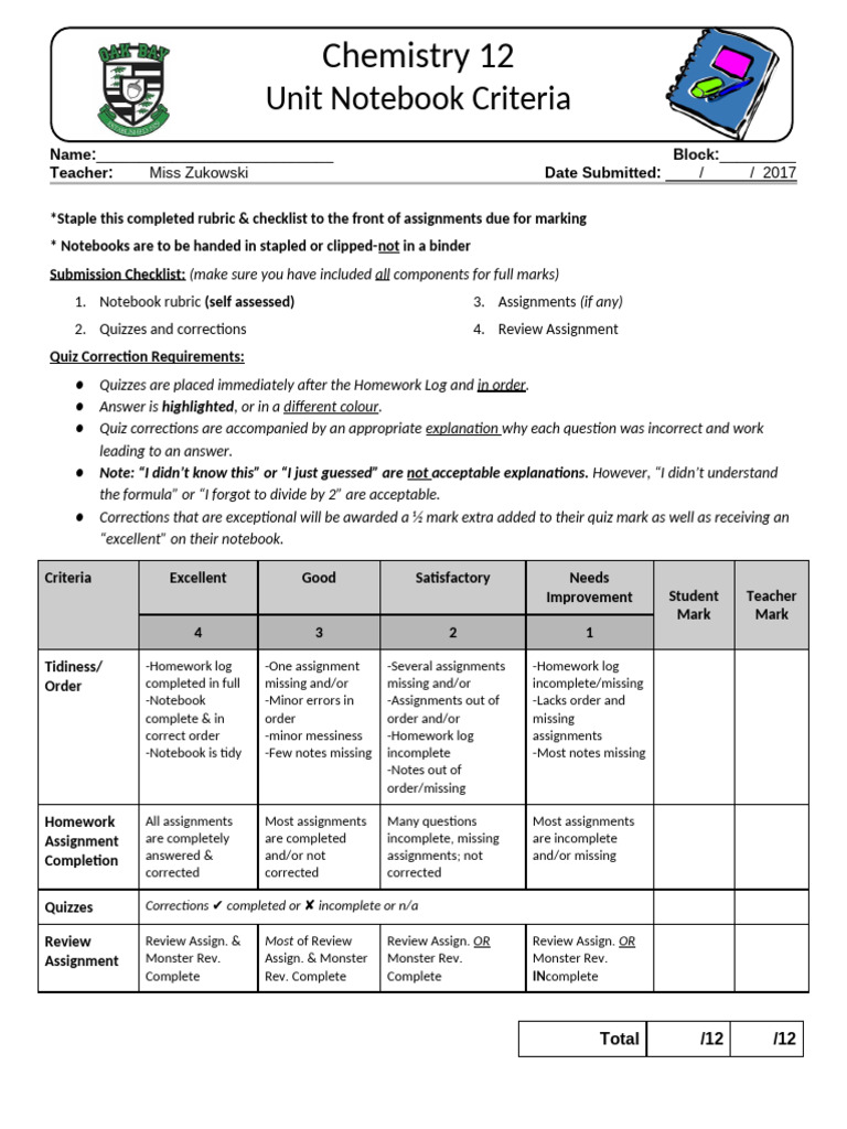 Chemistry 12 Notebook Submission Guide | PDF