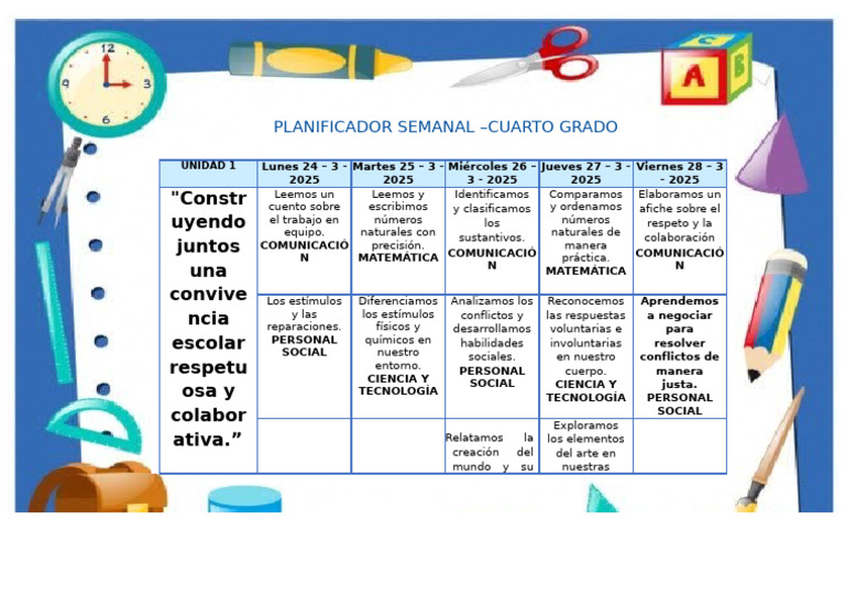 Planificador Semanal Cuarto Grado | PDF | Science