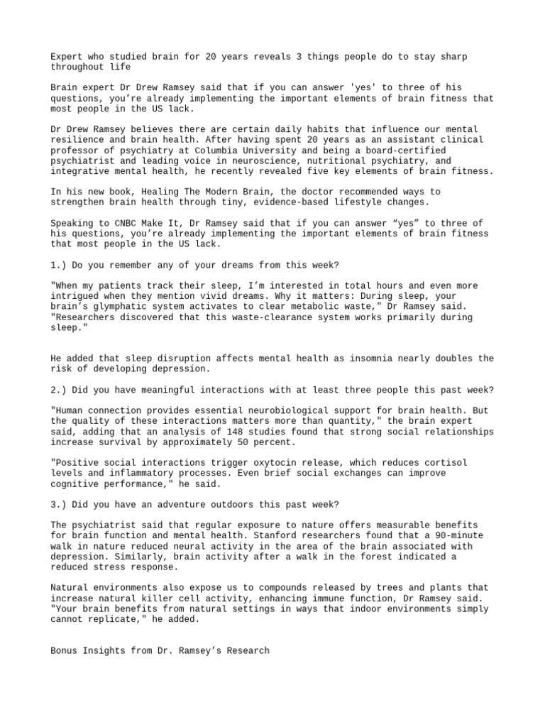 Brain Fitness Tips from Dr. Drew Ramsey | PDF | Sleep | Determinants Of ...