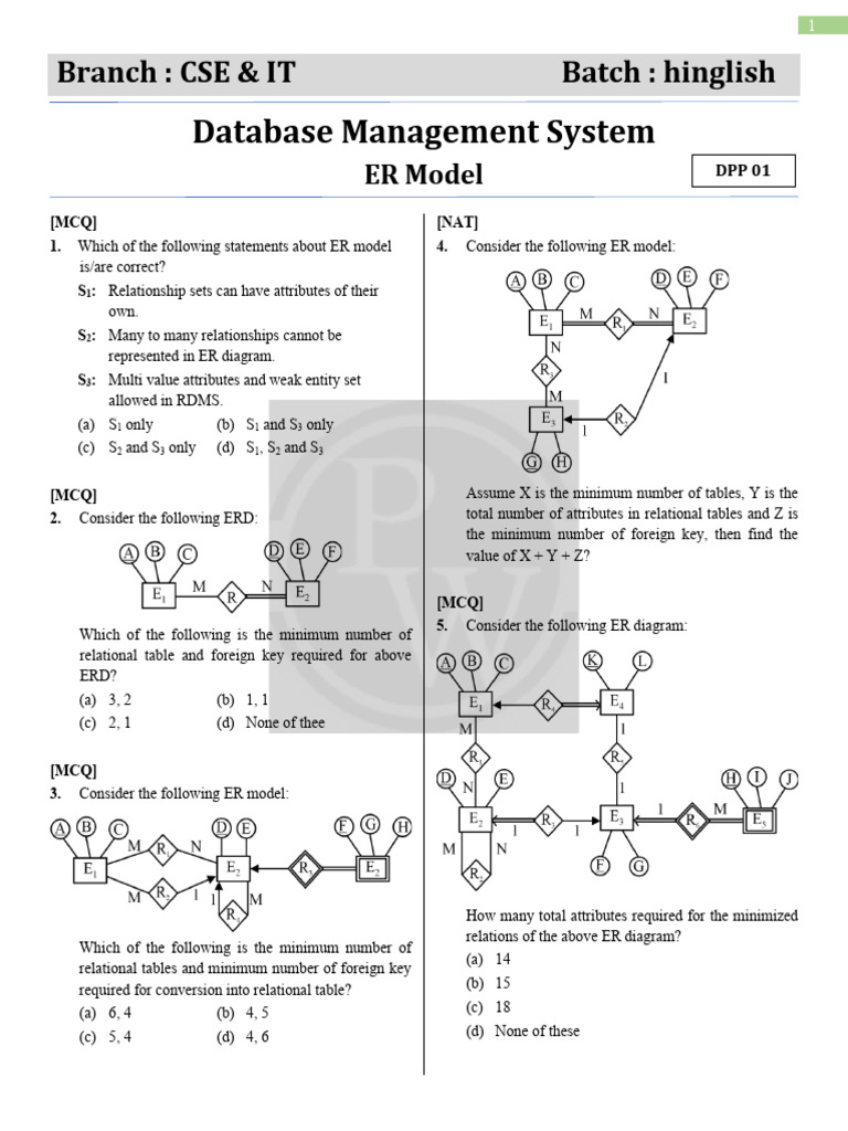 ER Model - DPP 01 (Of Lec 03) 2 | PDF | Relational Model | Data Management