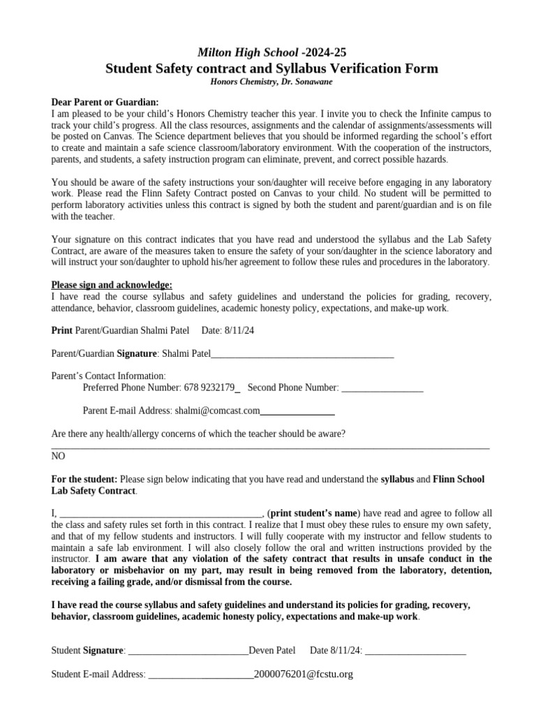 Honors Chemistry Safety Contract 2024-25 | PDF | Laboratories | Teachers