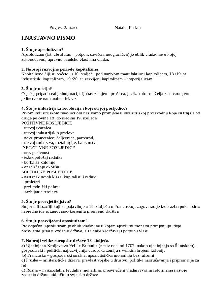 Povjest 2.raz Odgovori | PDF