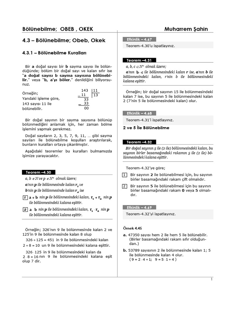 9.sinif Matematik Bolunebilme Obeb Okek Konu Anlatimi Ve Calisma Sorulari | PDF