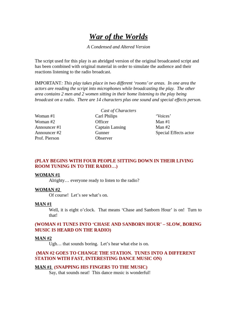 Abridged War of the Worlds Play Script | PDF | Mars | Planets