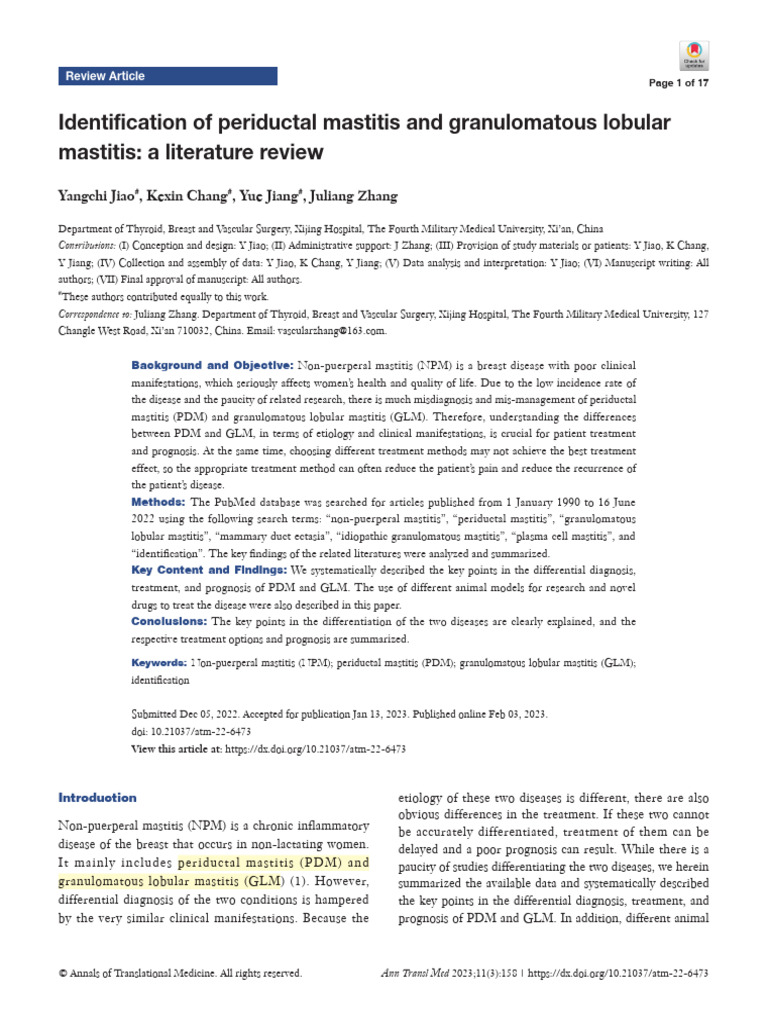 Identification of Periductal Mastitis and Granulomatous Lobular Mastitis - A Literature Review ...