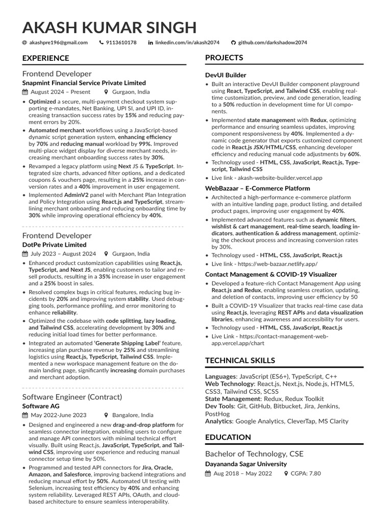 AkashKumarSinghResume_03_25 | PDF | Java Script | Software Engineering