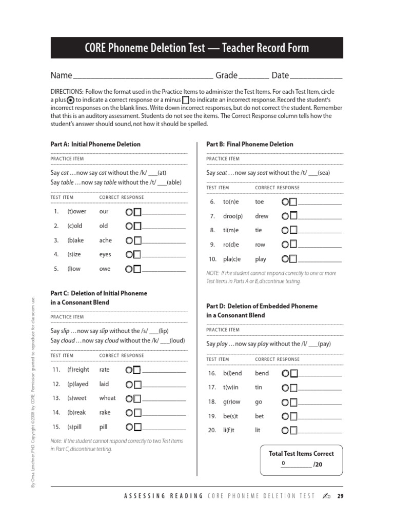 CORE MM Phoneme Deletion Test TeacherRecord FORM | PDF | Linguistics ...