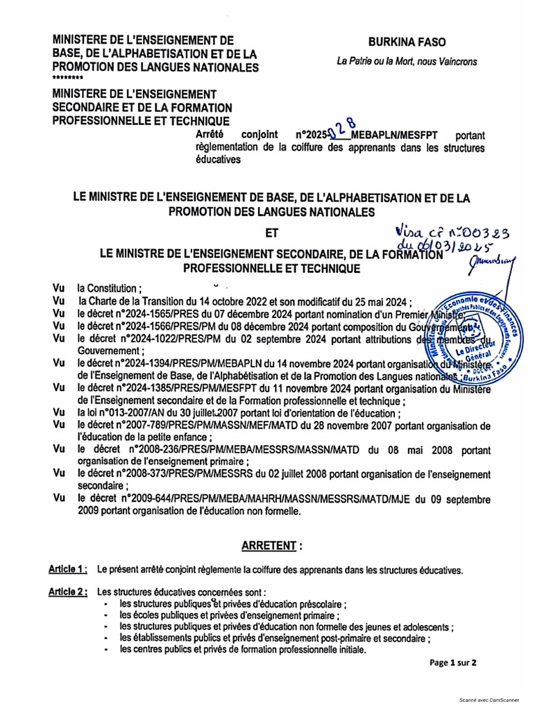 Arrêté Conjoint Coiffure Des Élèves | PDF