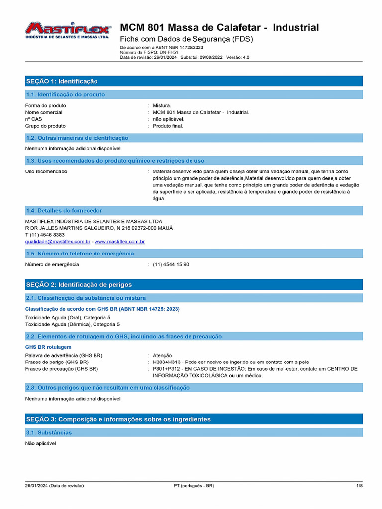 FDS - MCM 801 Massa de Calafetar Industrial Calflex | PDF