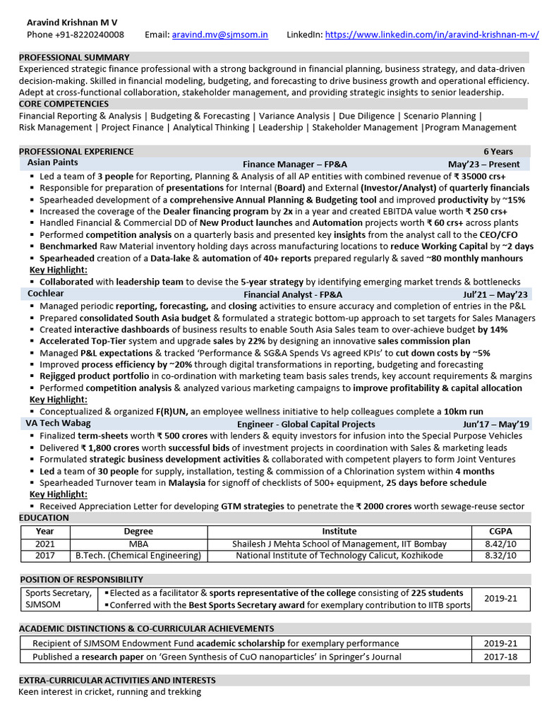 Aravind Krishnan M V - Resume-FP&A | PDF | Financial Analyst | Budget