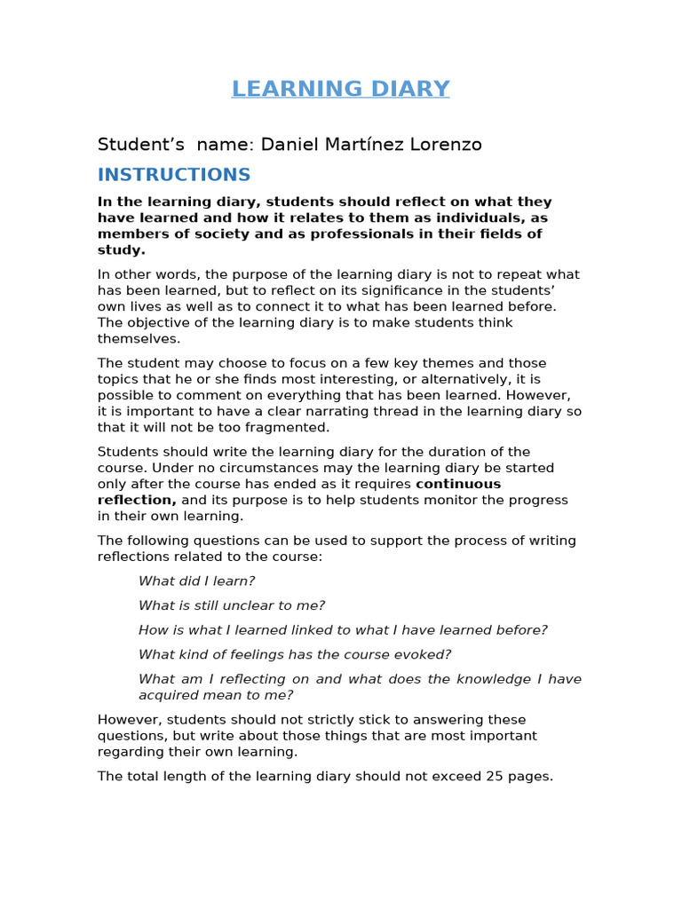 Reflective Learning Diary Guide | PDF | Learning | Liberal Arts Education