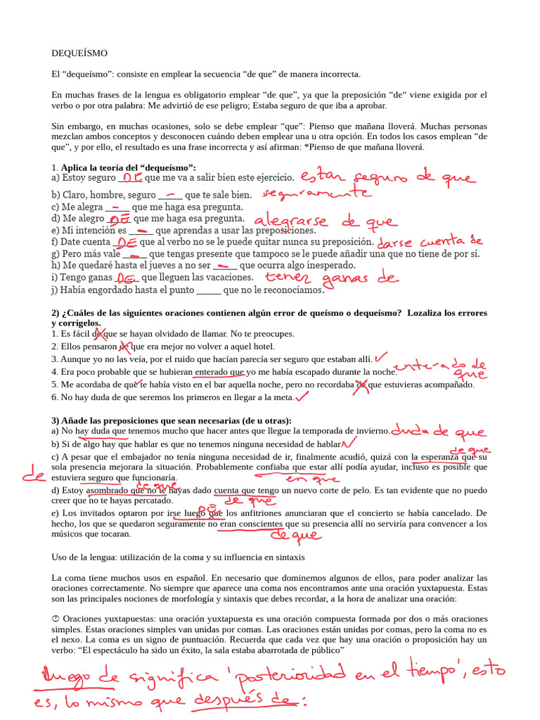 Ejercicios Dequeismo y Complementos Oracionales | PDF | Asunto (gramática) | Oración (Lingüística)