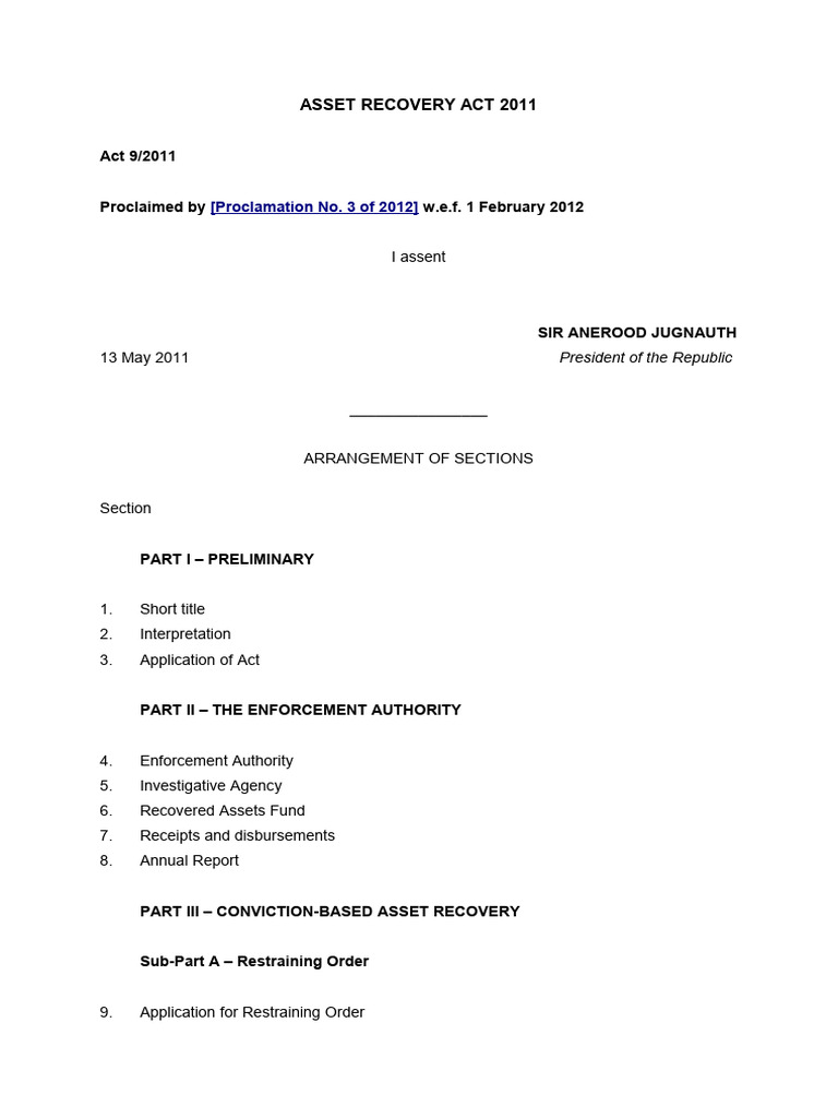 Mauritius Asset Recovery Act 2011 | PDF | Property | Crimes