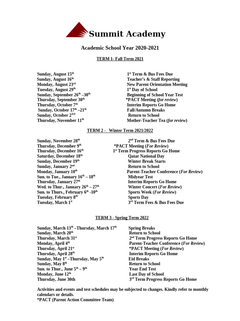 Summit Academy 2021-2022 School Calendar | PDF