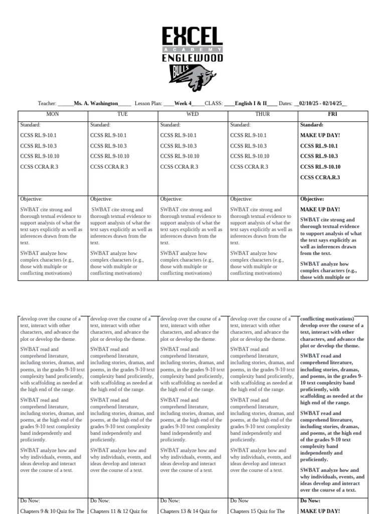 Week 4 English I & II Lesson Plan | PDF | Reading Comprehension | Cognition