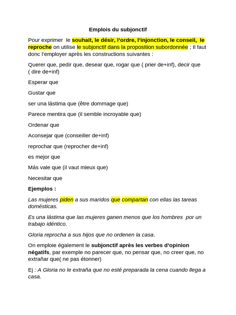Emplois du subjonctif en français | PDF