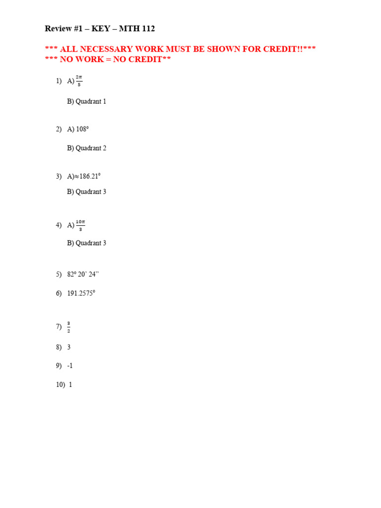 MTH 112 Review: Key Concepts and Solutions | PDF