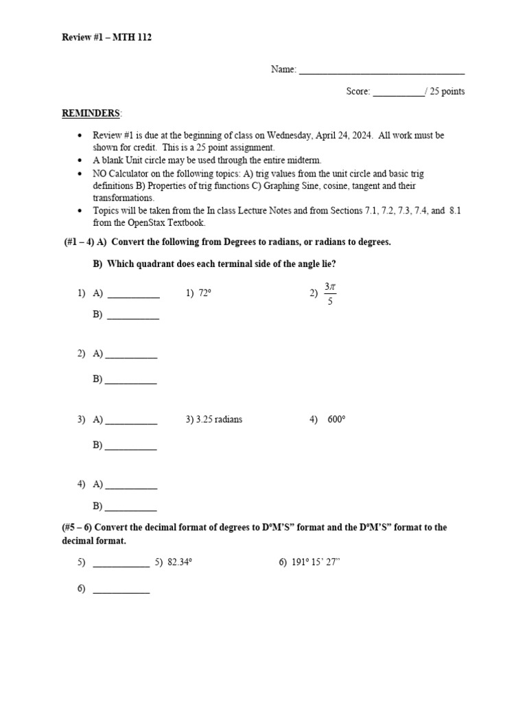 MTH 112 - Midterm Exam 1 Review | PDF | Trigonometric Functions | Trigonometry