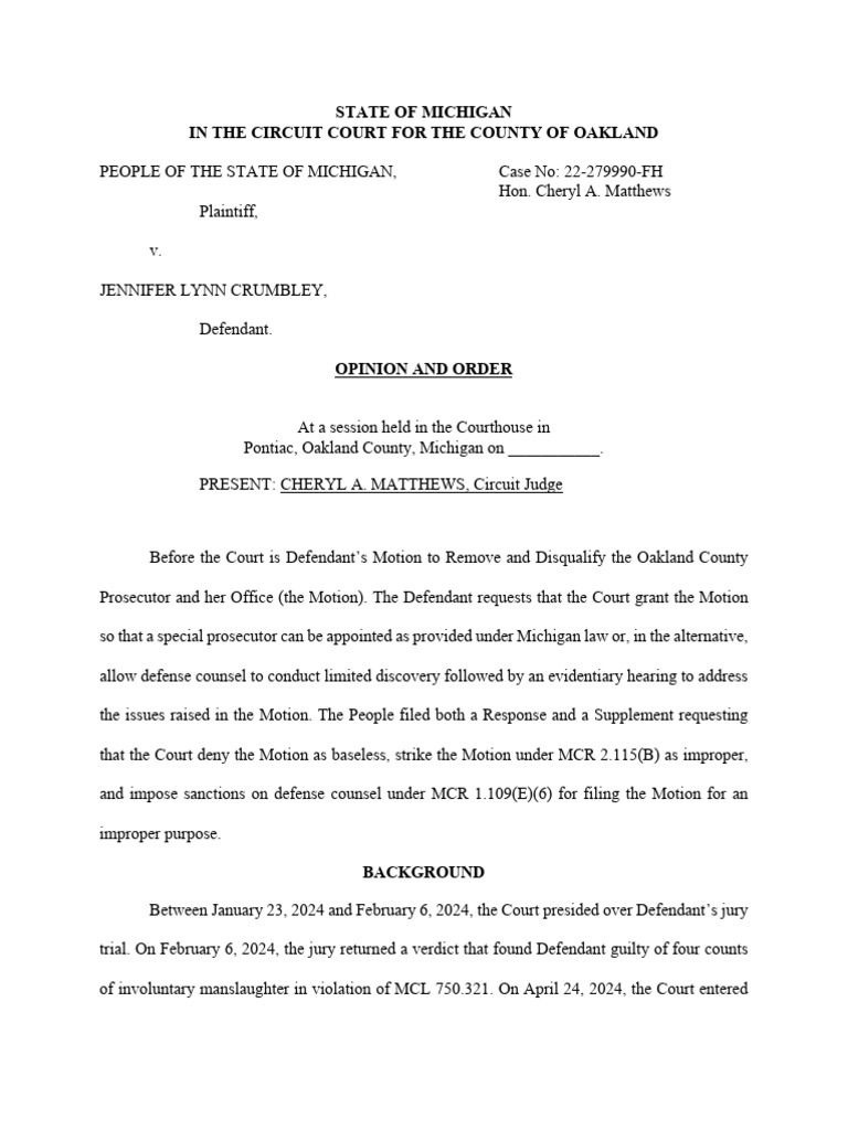 Crumbley Case: Motion to Disqualify Prosecutor | PDF | Prosecutor ...