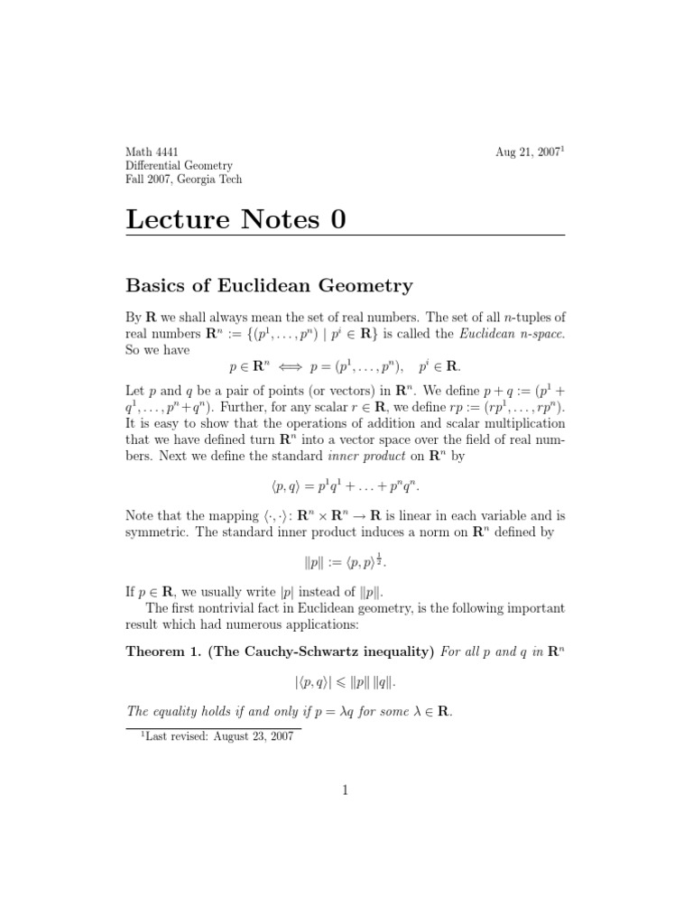 Lecture Notes 0 Basics Of Euclidean Geometry Pdf Euclidean Space