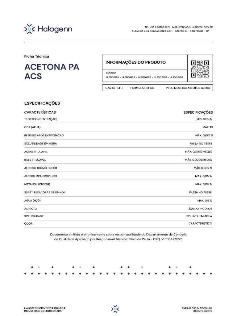 Ficha Tecnica Acetona Pa Acs | PDF | Fenômenos científicos | Ciências ...