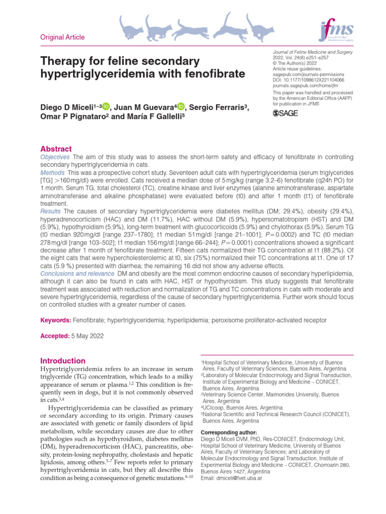 Fenofibrate for Feline Hypertriglyceridemia | PDF | Diabetes | Creatinine