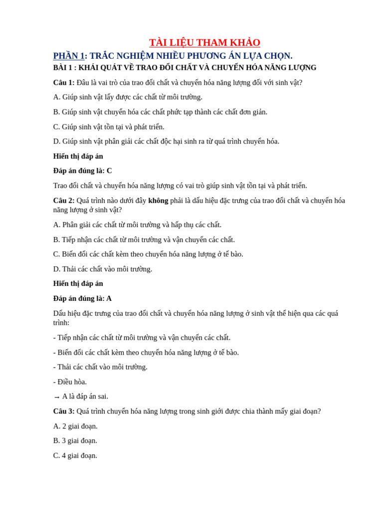 Câu Hỏi TN Sinh 11 KTGK 1 Lăm | PDF