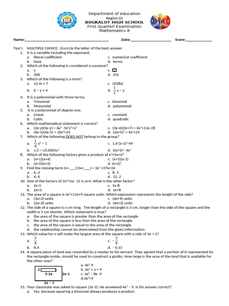 Math 8 First Quarter Exam Guide | PDF | Polynomial | Area