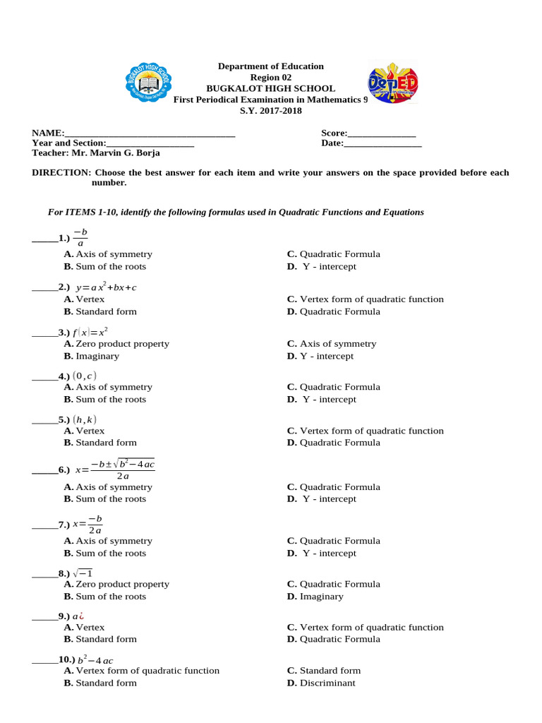 Math 9 QI Exam 2017-2018 | PDF | Quadratic Equation | Equations