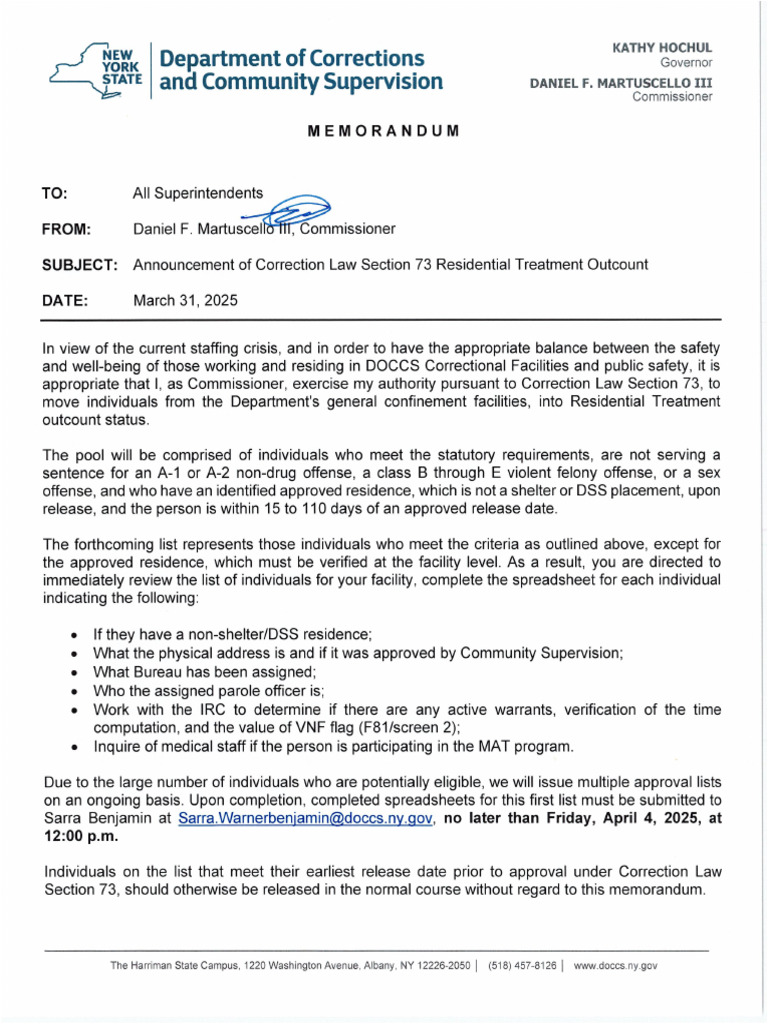 Announcement of Correction Law 73 Residential Treatment Outcount 3 31 ...