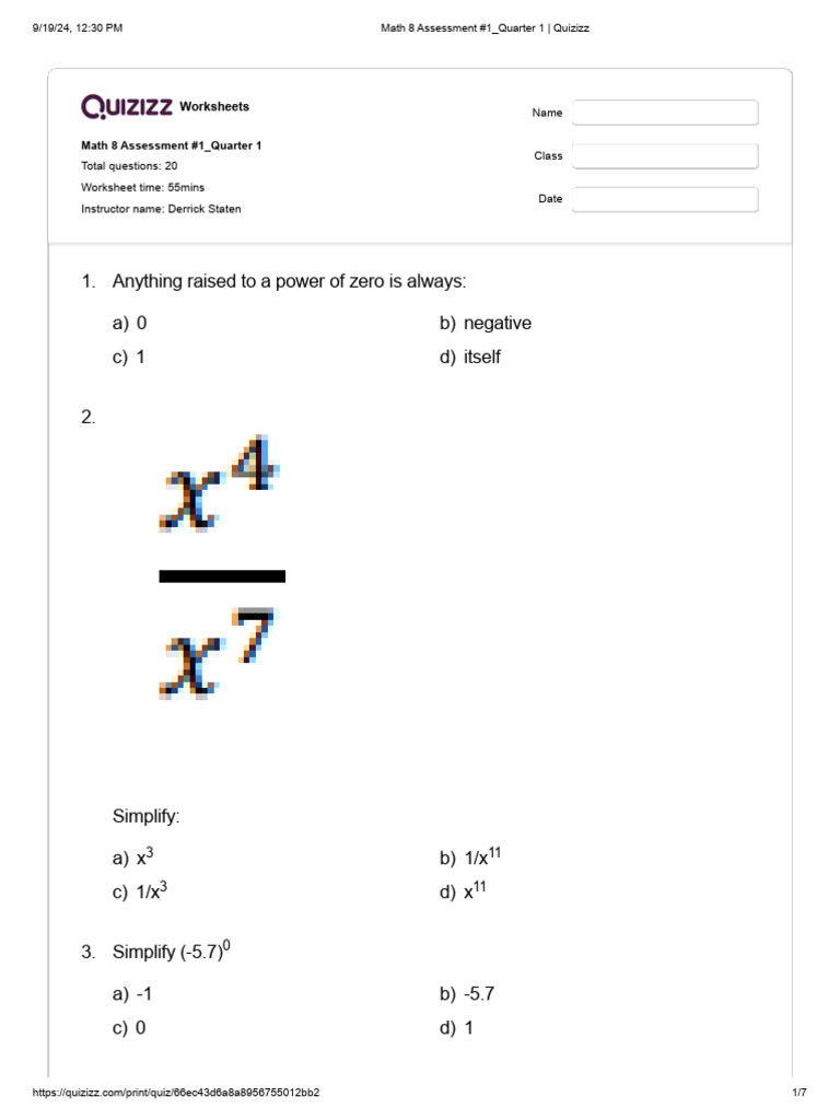 Bryan Bethea - S - Math 8 Assessment #1 - Quarter 1 - Quizizz - New ...