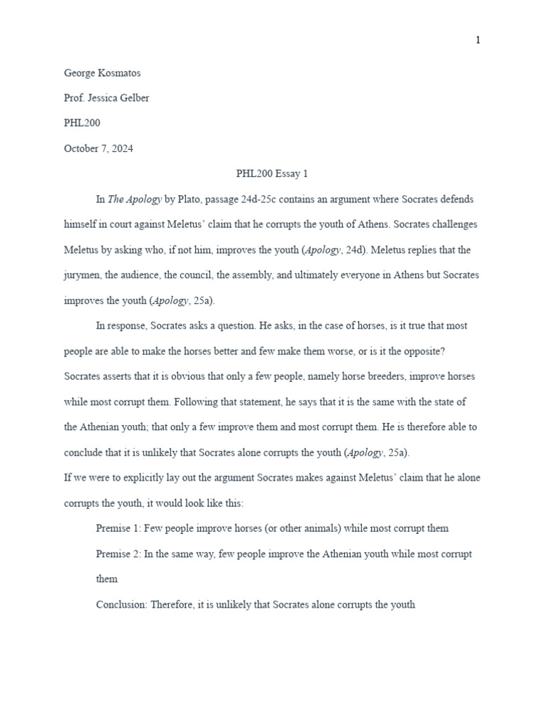 PHL200 Essay 1 - George Kosmatos | PDF | Apology (Plato) | Argument