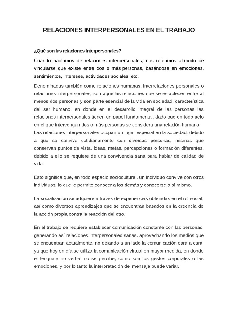 Relaciones Interpersonales Laborales | PDF | Comunicación | Relaciones ...
