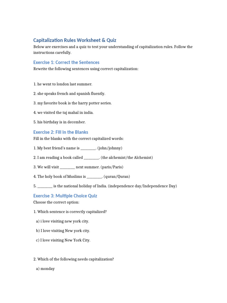 Capitalization Rules Quiz | PDF