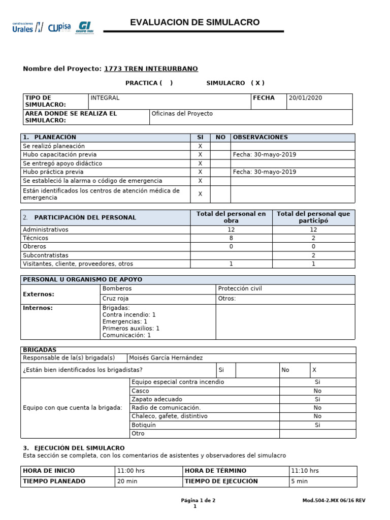 504-2 Simulacro de emergencia - evaluación (Mod.504-2.MX) | PDF