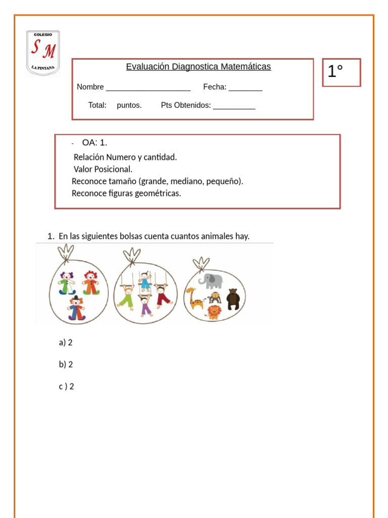 Evaluacion Diag. Matematicas 1°basico OKIS | PDF