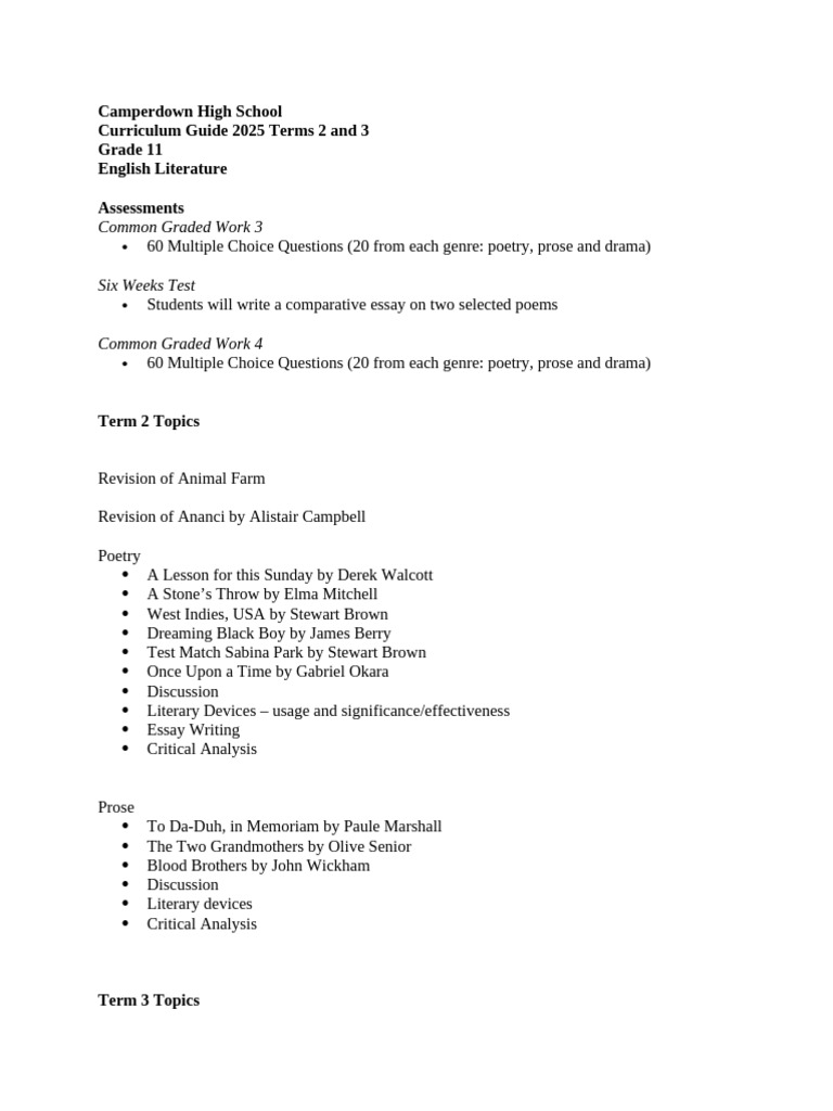 Grade 11 English Literature Curriculum Guide | PDF
