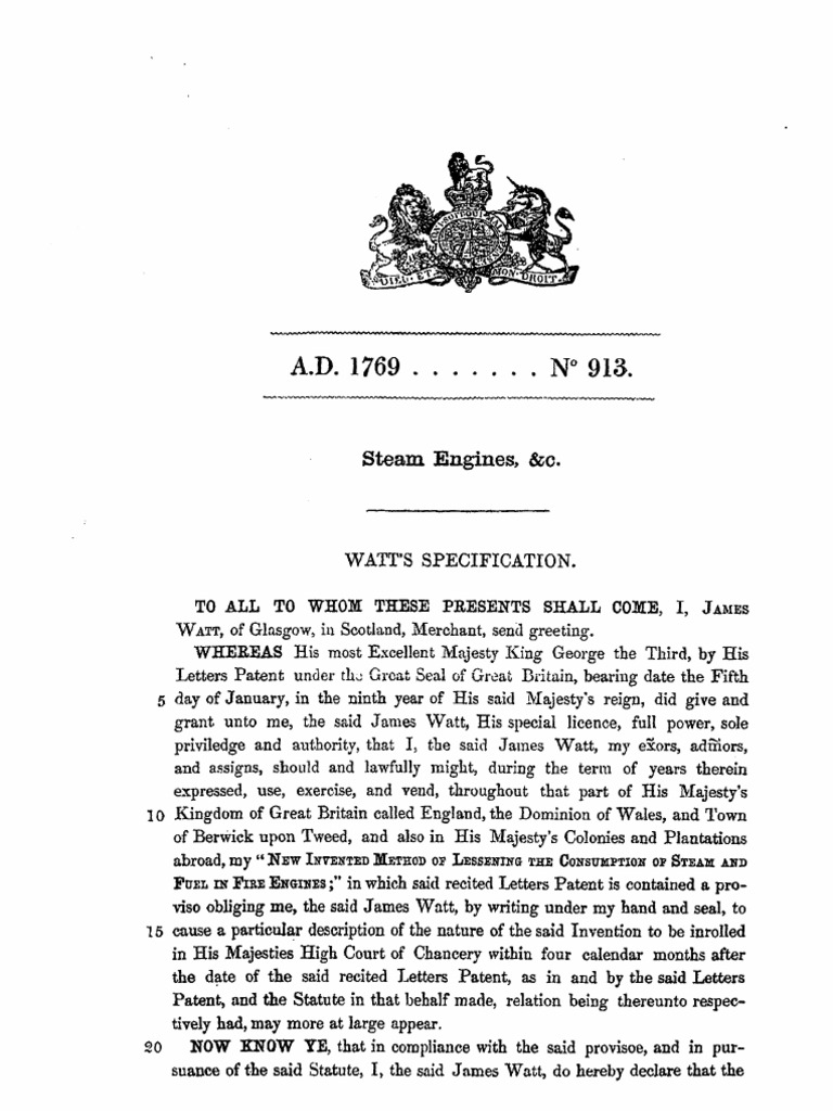 Watt's 1769 Steam Engine Patent Details | PDF