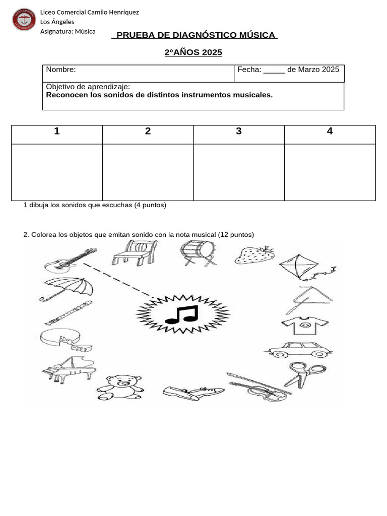 Prueba Diagnóstica Música 2° Año 2025 | PDF