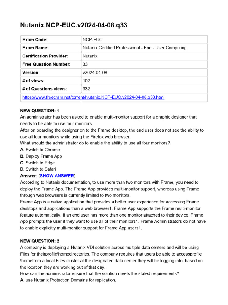 Nutanix.NCP-EUC.v2024-04-08.q33 | PDF | Desktop Virtualization | Cloud Computing