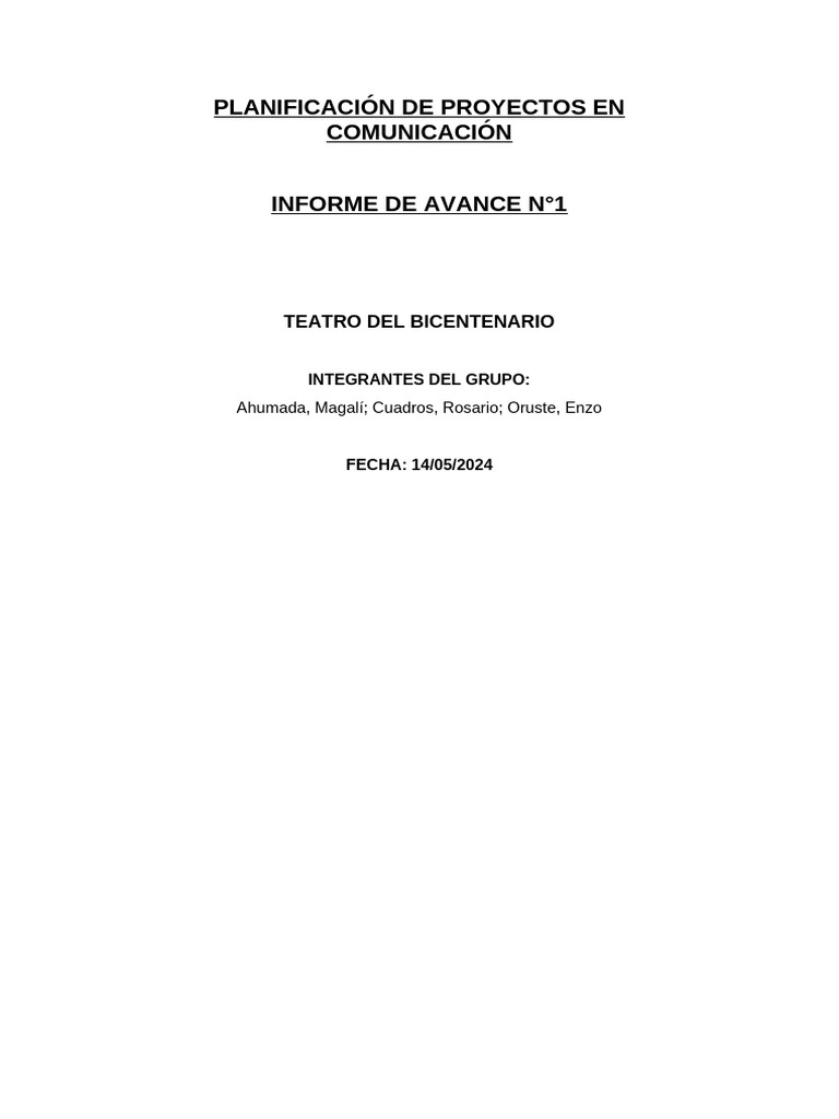 INFORME DE AVANCE N°1 - Ahumada, Caudros y Oruste | PDF | Teatro