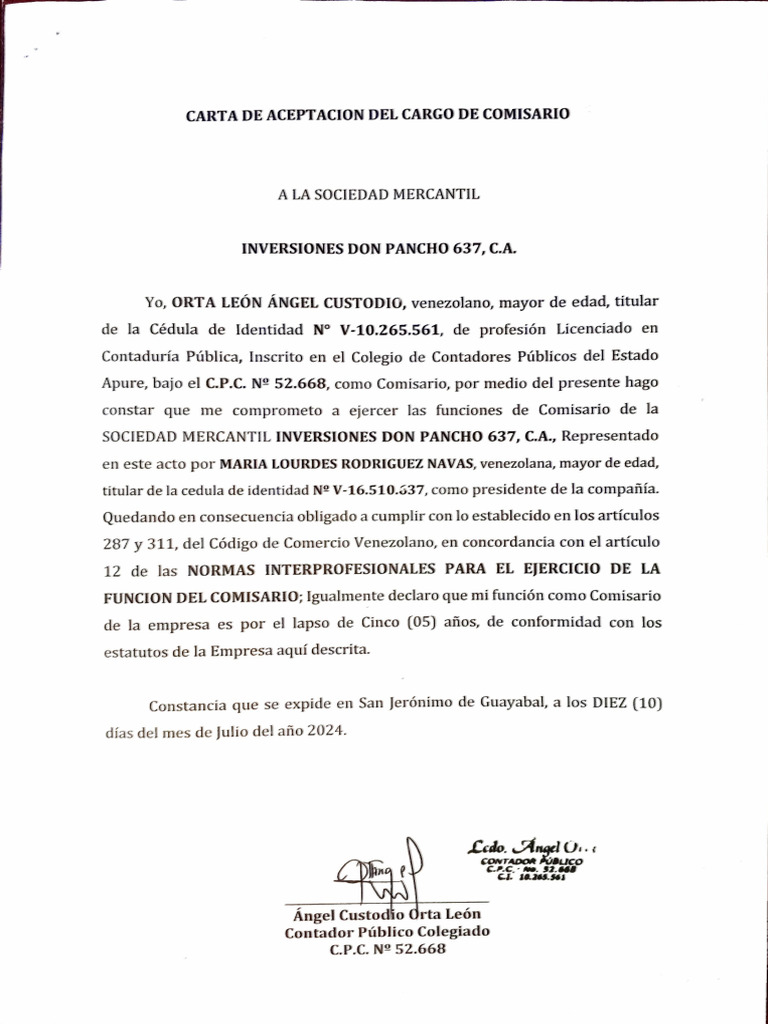 Aceptación como Comisario de Don Pancho | PDF | Contador | Contabilidad