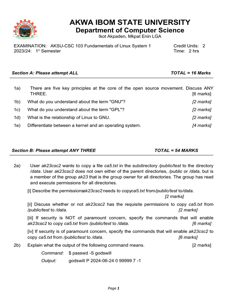 AKSU CSC103 - Past - Question23 1 2 | PDF | Kernel (Operating System) | System Software