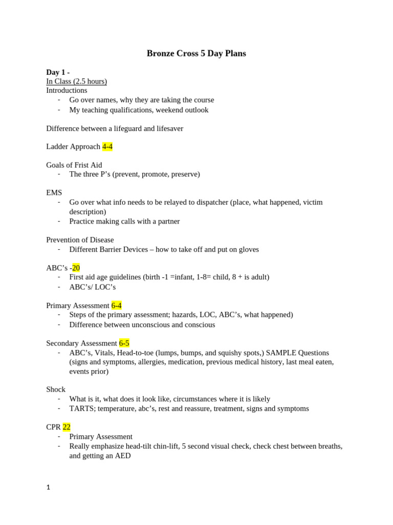 Bronze Cross 5 Day Plans | PDF | Cardiopulmonary Resuscitation ...