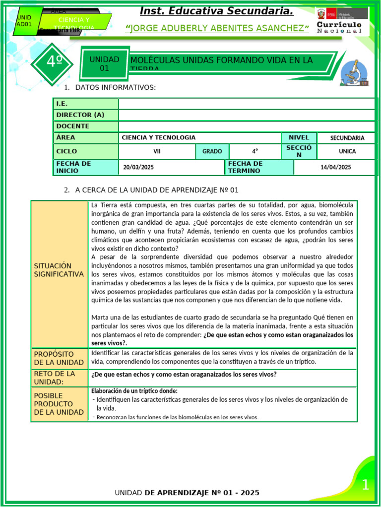 4º Unidad 1 Cyt - 2025 | PDF | Organismos | Aprendizaje