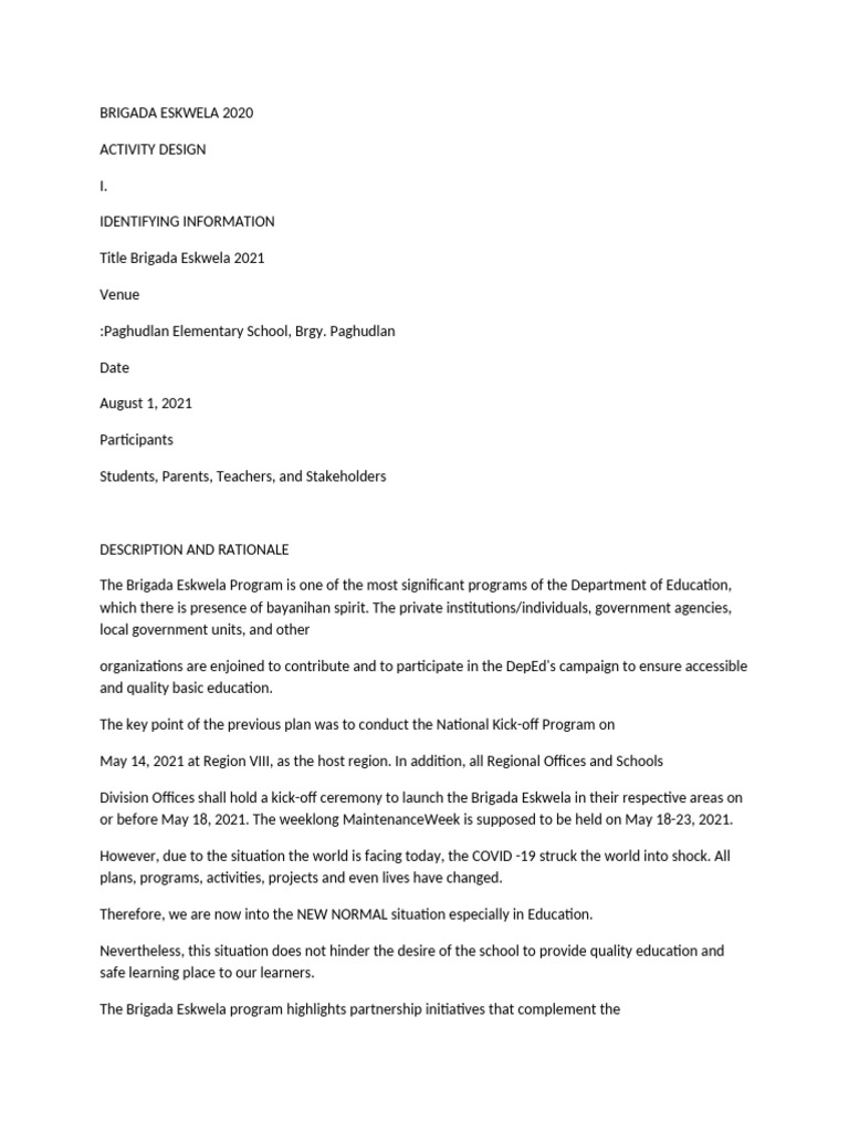 BRIGADA ESKWELA Activity Design | PDF | Learning