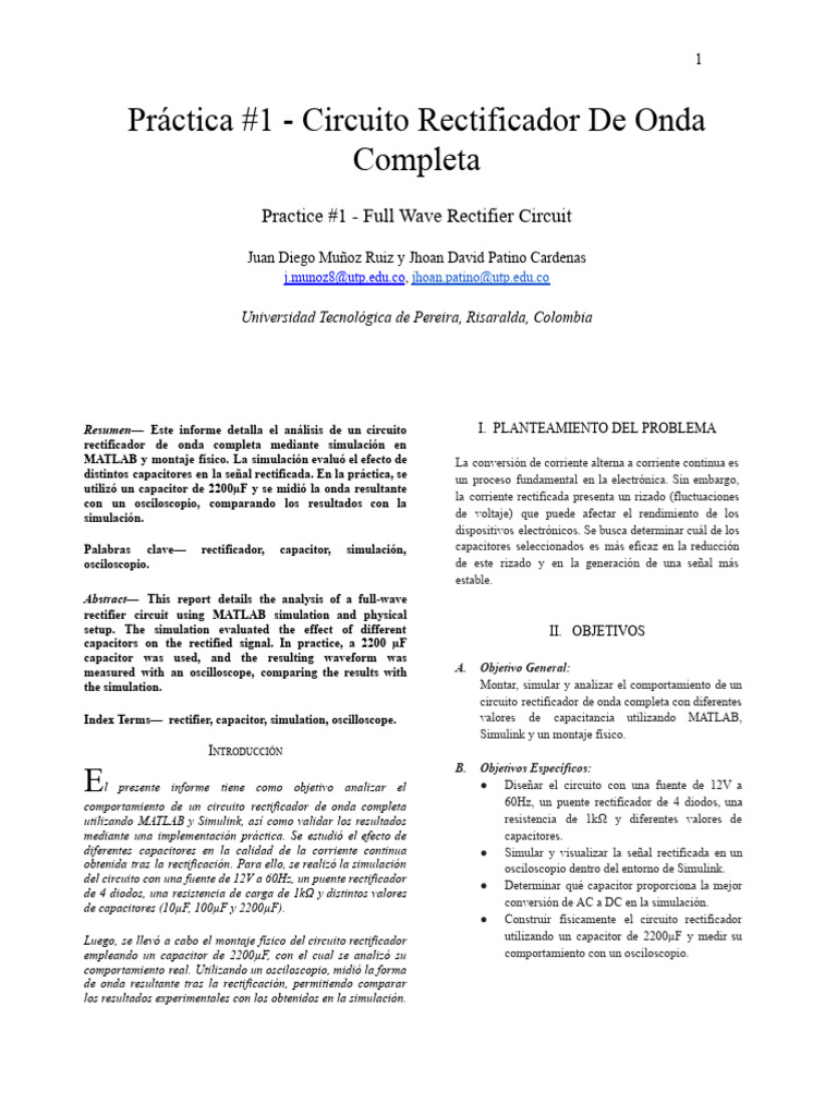 Práctica1 CircuitoRectificadorDeOndaCompleta | PDF | Red eléctrica | Rectificador