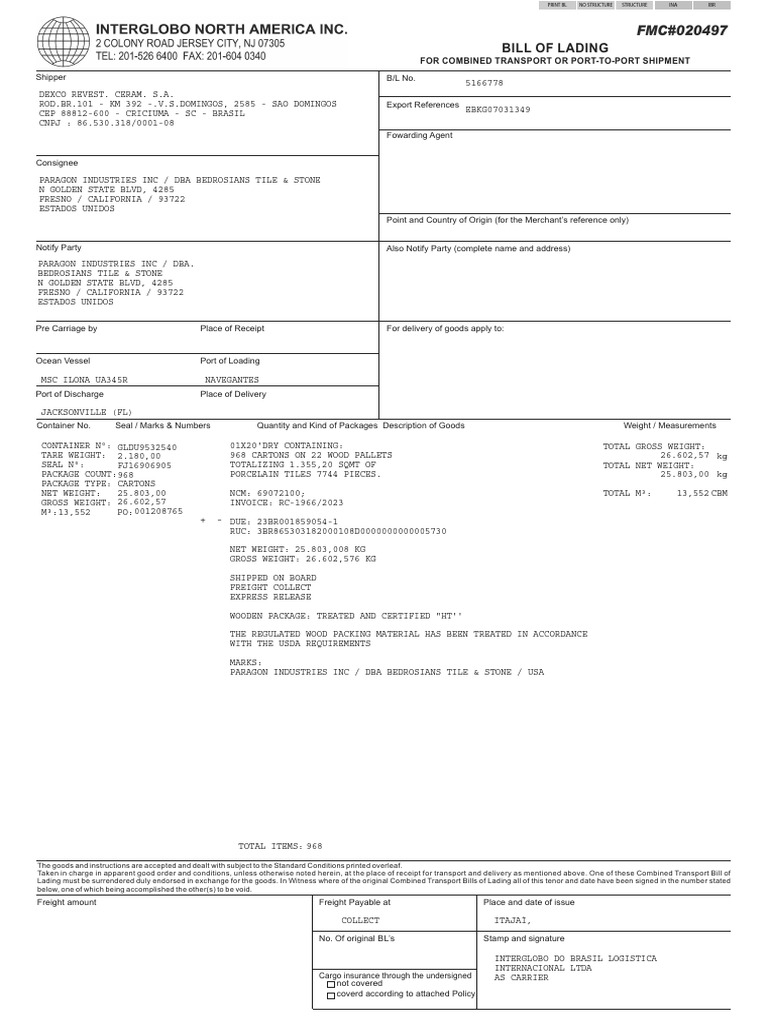 Draft HBL - Rc-1966 - 2023 - Interglobo Do Brasil | PDF | Cargo | Bill ...