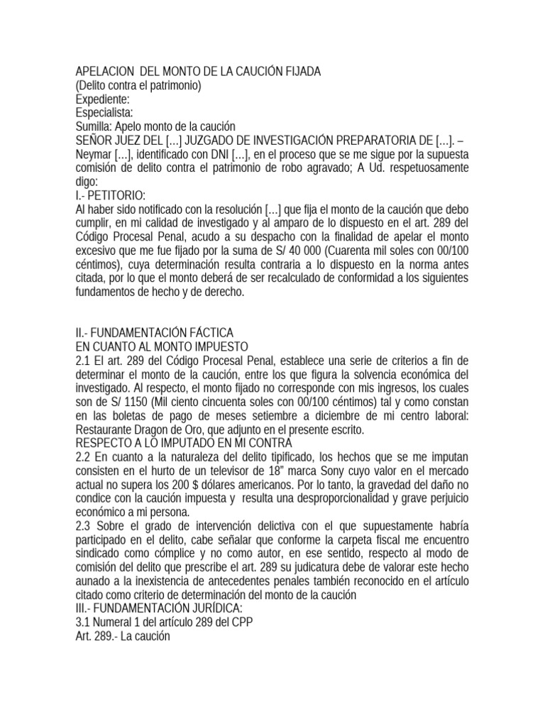 Apelacion Del Monto de La Caución Fijada | PDF | Apelación | Ley Pública
