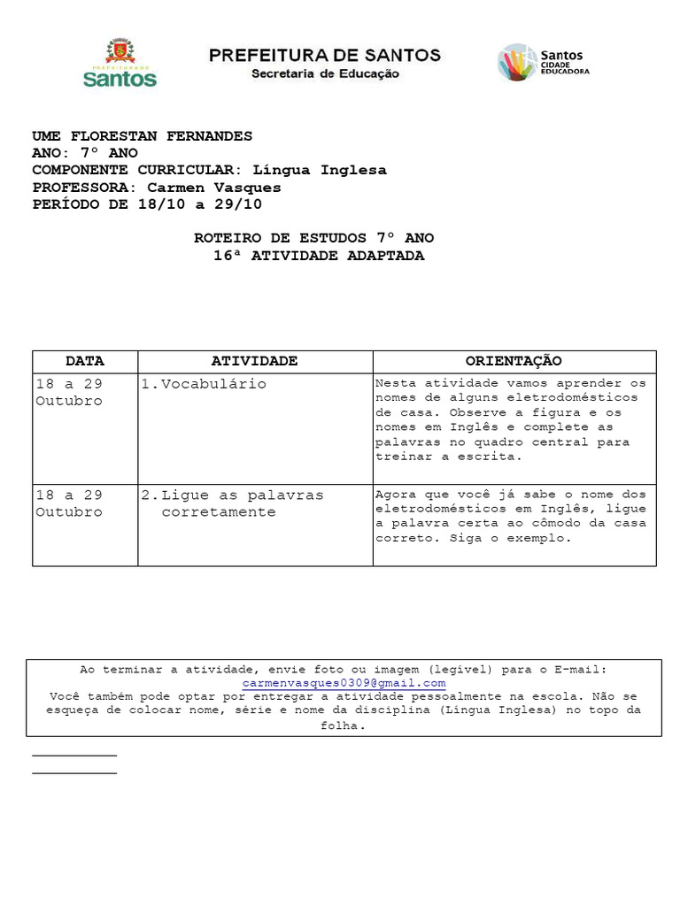 Ingles - 16o Rot e Ativ Adaptada 7aserie 18a29outubro | PDF